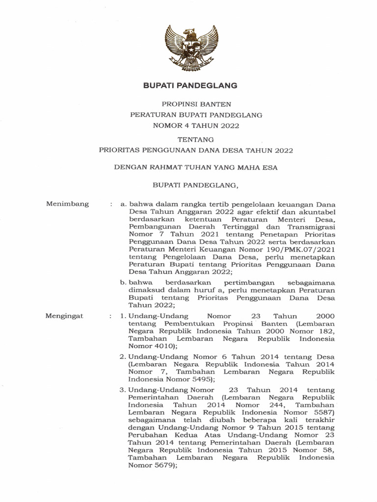 Perbup Nomor 4 Tahun 2022 TTG Prioritas Penggunaan DD Ta 2022 | PDF