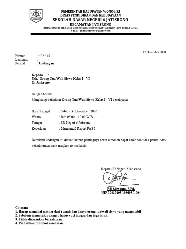 Undangan Wali Murid Kelas 1 - 6 Pengambilan Raport | PDF