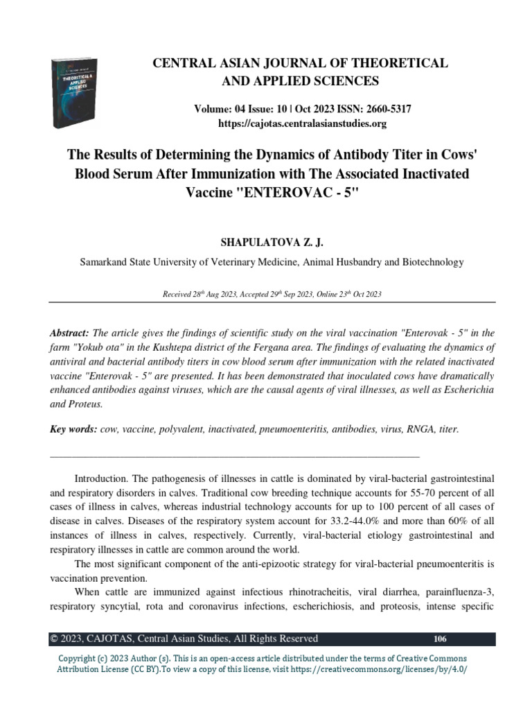 The Results of Determining The Dynamics of Antibody Titer in Cows ...