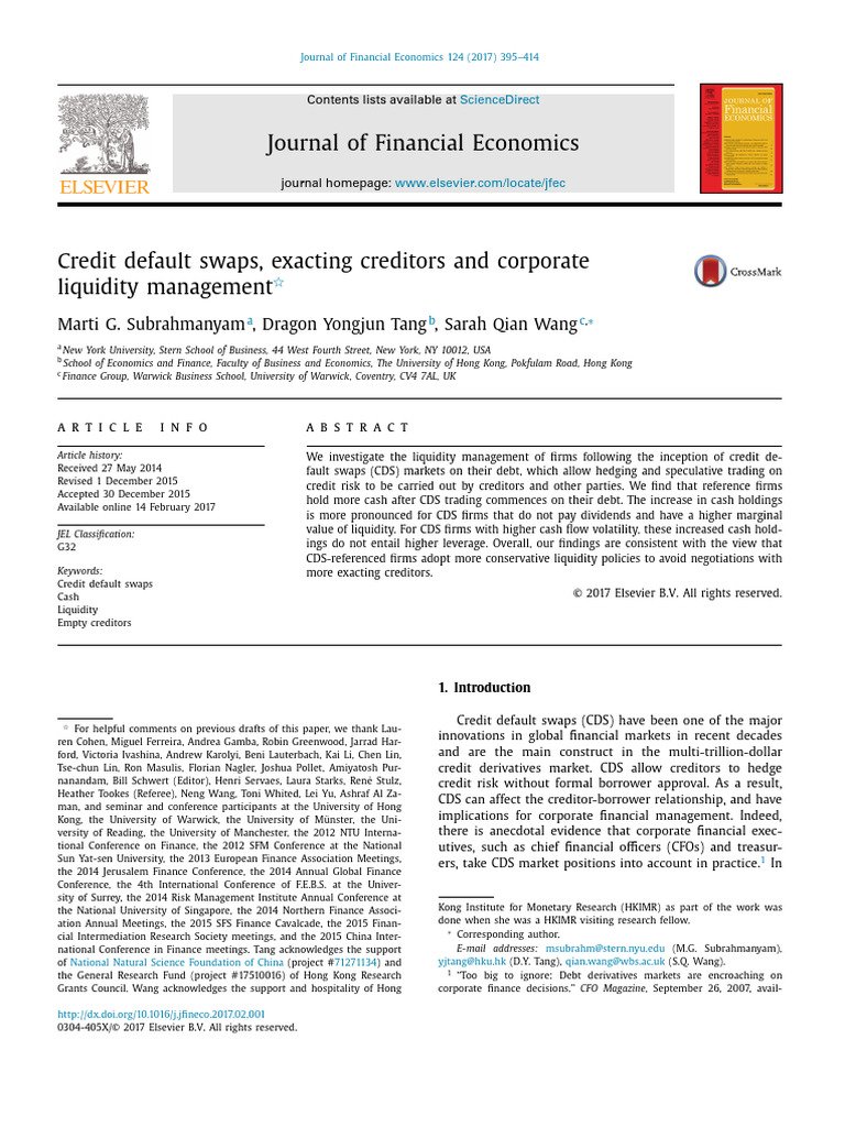 7、Credit Default Swaps, Exacting Creditors and Corporate Liquidity Management（2017JFE） | PDF ...