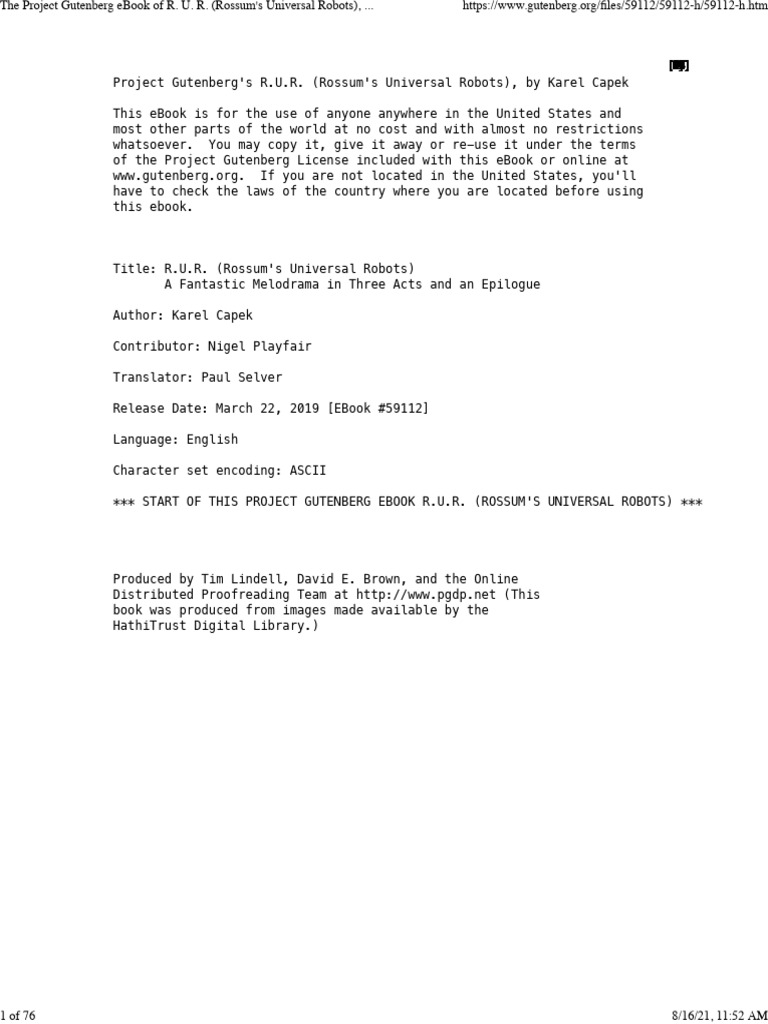 R. U. R. (Rossum's Universal Robots) - Karel Capek. | PDF