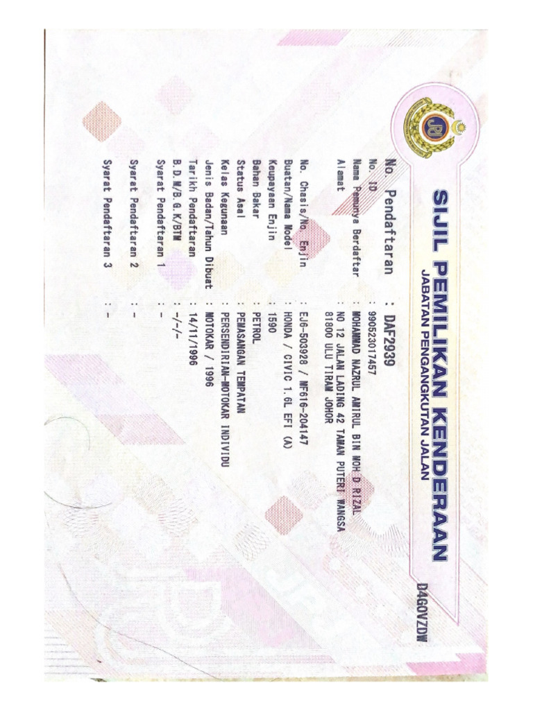 Sijil Pemilikan Kenderaan | PDF