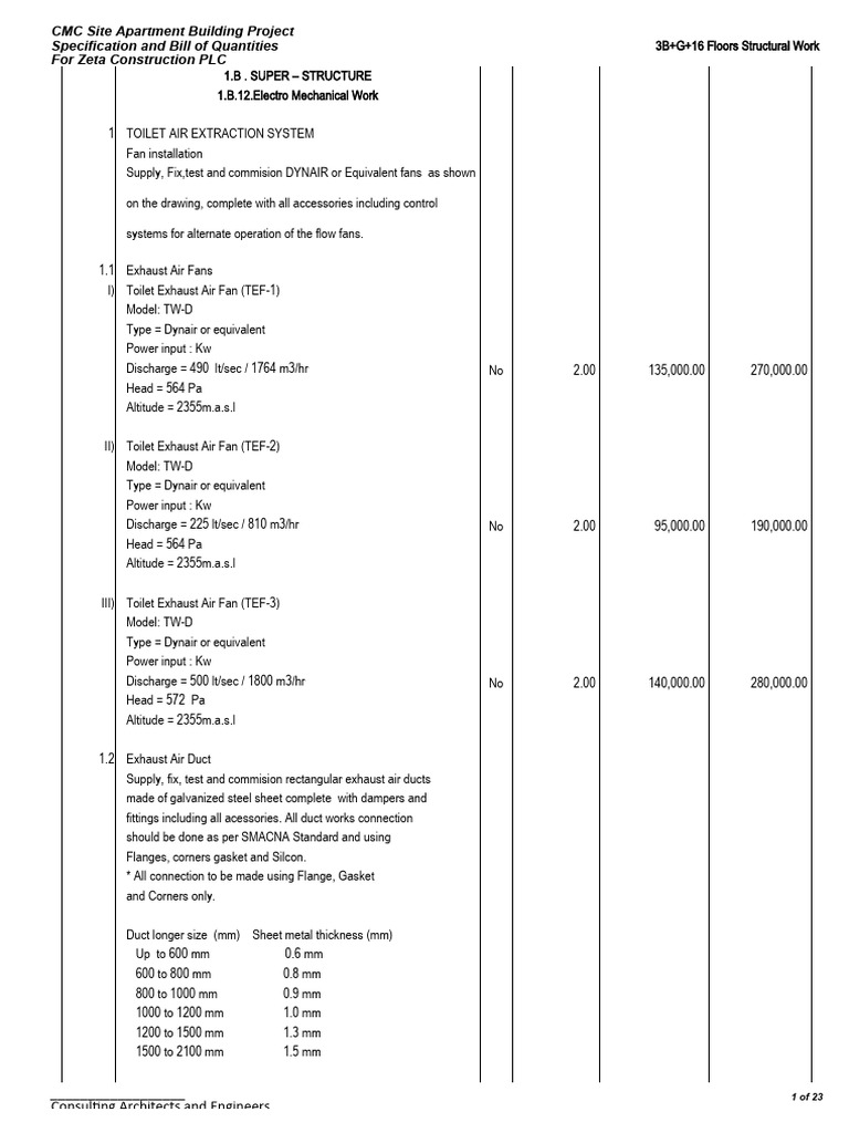 CMC Site Apartment Building Project Specification and Bill of Quantities For Zeta Construction ...