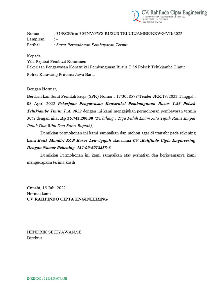 Surat Permohona Pembayaran PWS | PDF