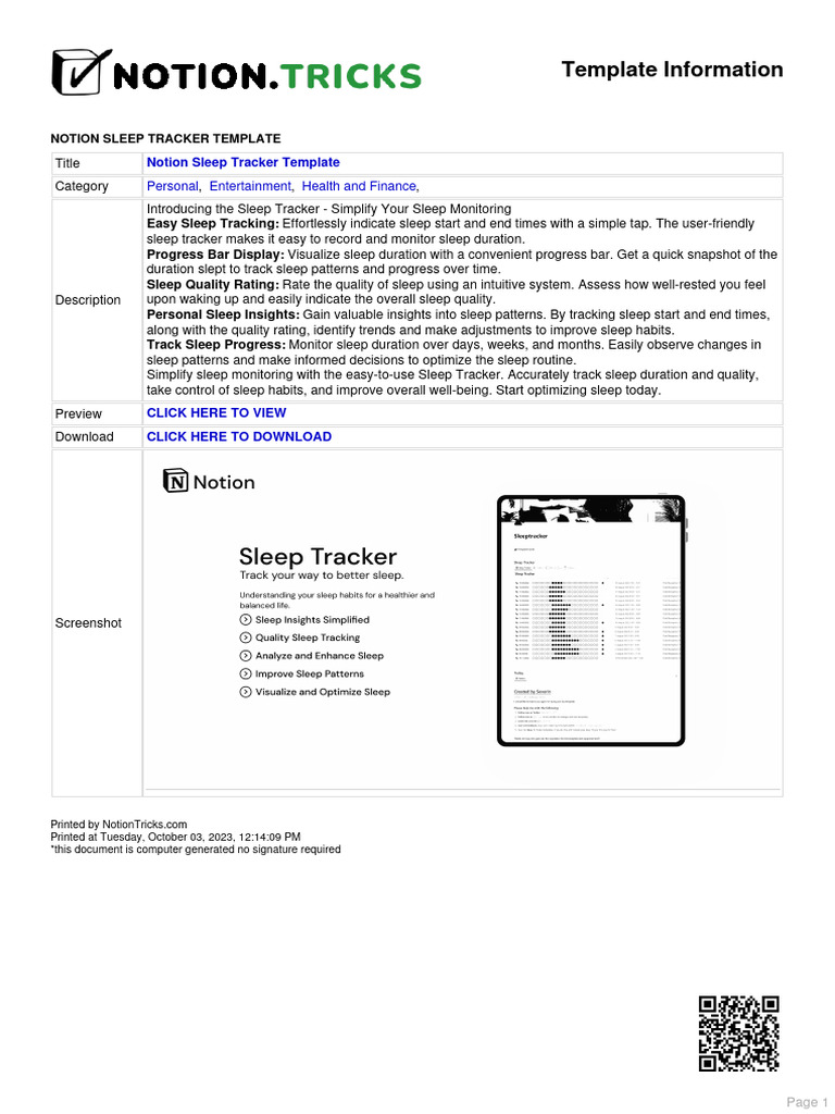 Notion Template - Notion Sleep Tracker Template | PDF