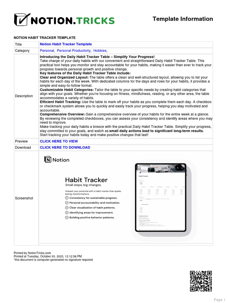 Notion Template - Notion Habit Tracker Template | PDF | Computing