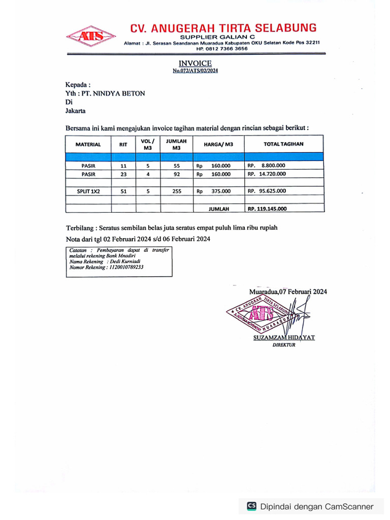 Invoice CV. Anugrah Tirta Selabung | PDF