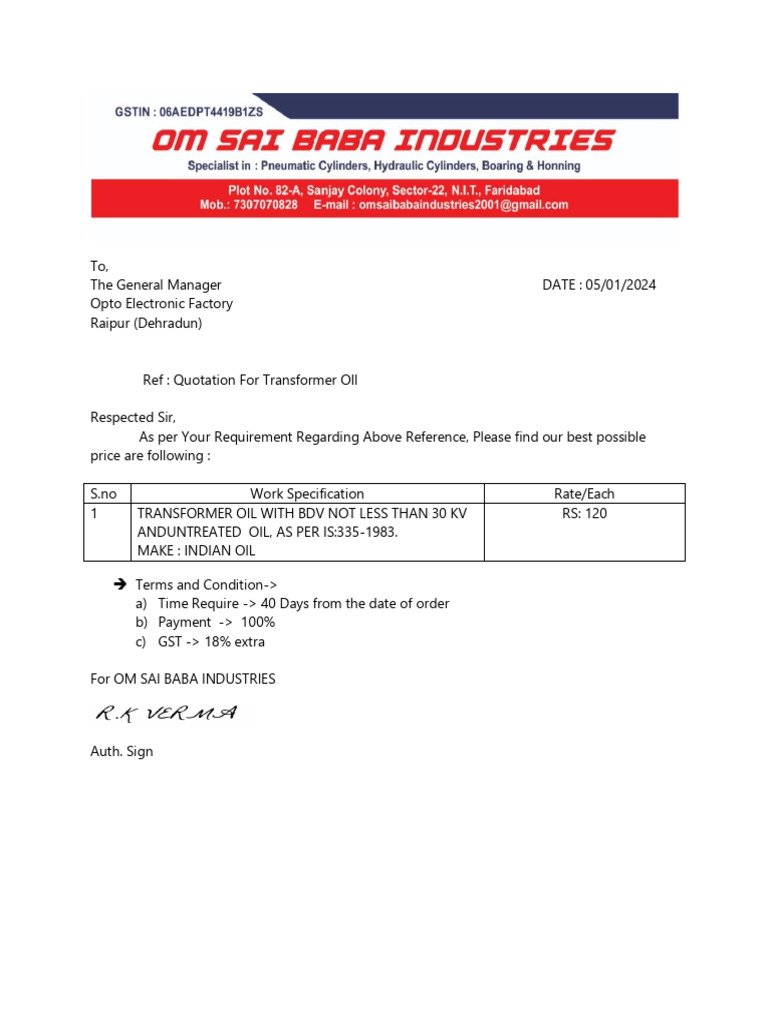 Transformer Oil Quotation from OM SAI | PDF | Business | Technology ...