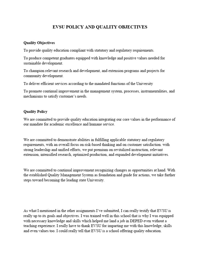 Evsu Policy and Quality Objectives | PDF