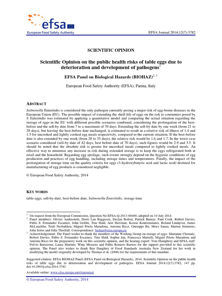 EFSA Journal - 2014 - Scientific Opinion On The Public Health Risks of Table Eggs Due To ...