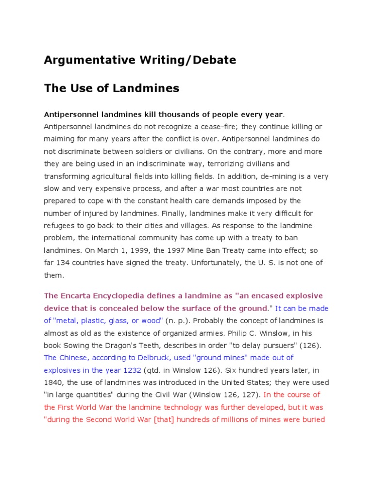 Argumentative Writing/Debate The Use of Landmines: Antipersonnel ...