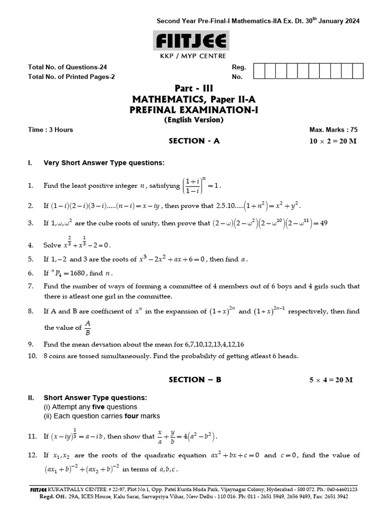 Second Year Math-IIA Pre-Final Exam | PDF | Arithmetic | Mathematical Concepts