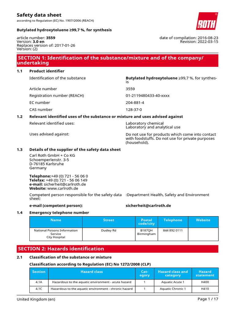 Butylated Hydroxytoluene SDS | PDF | Toxicity | Firefighting