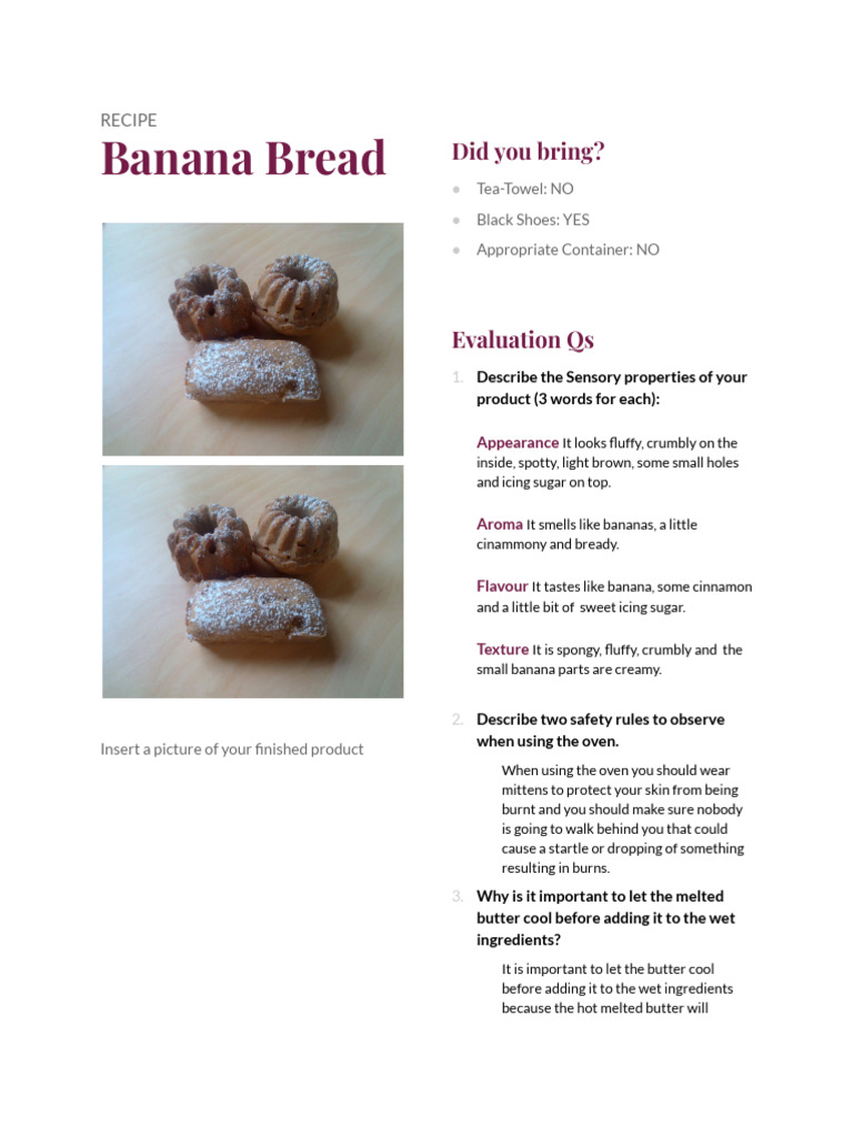 Yr8 Evaluation Banana Bread | PDF | Breads | Food And Drink Preparation