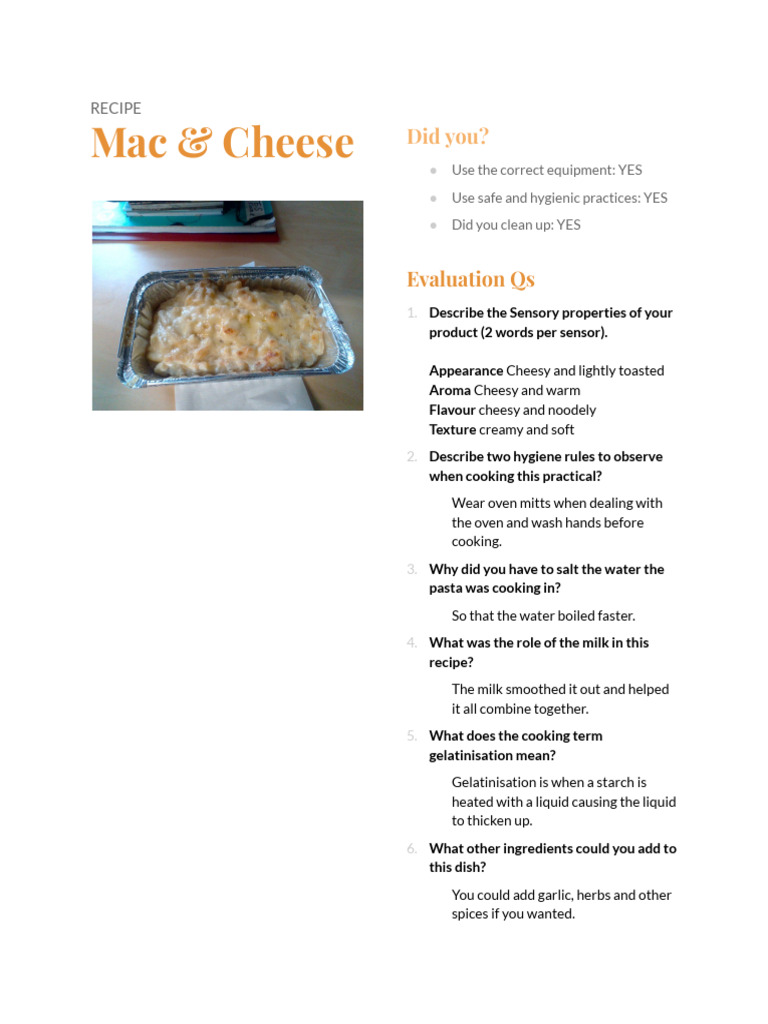 Yr8 Evaluation Mac And Cheese Pdf