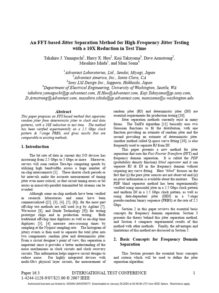 An Fft Based Jitter Separation Method For High Frequency Jitter Testing With A 10x Reduction In