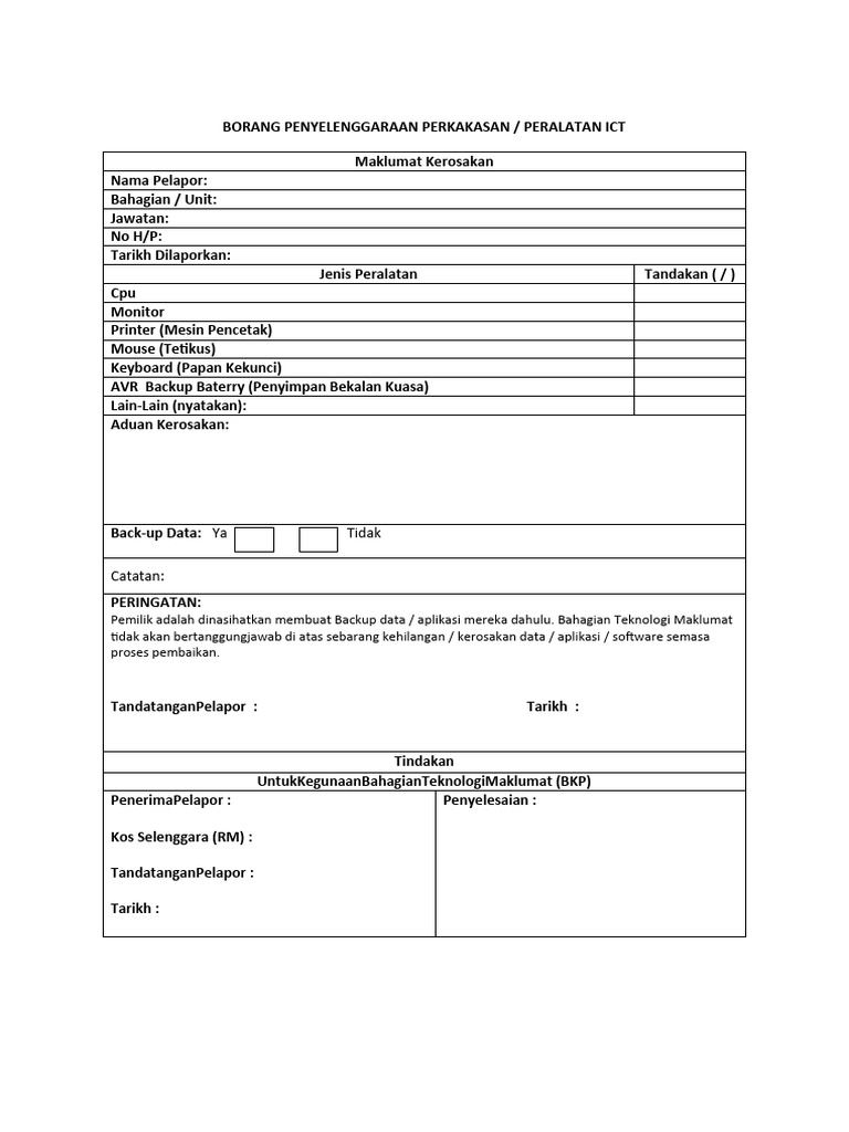 Borang Penyelenggaraan Perkakasan Komputer | PDF
