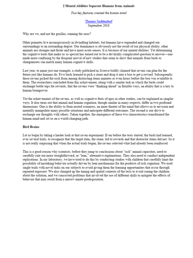2 Mental Abilities Separate Humans From Animals | PDF | Thought | Human
