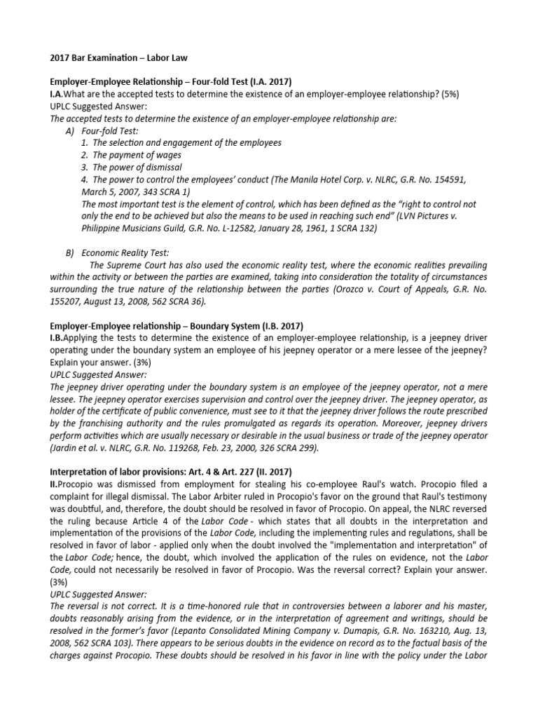 SA 2017 BEQ in Labor Law | PDF | Employment | Strike Action