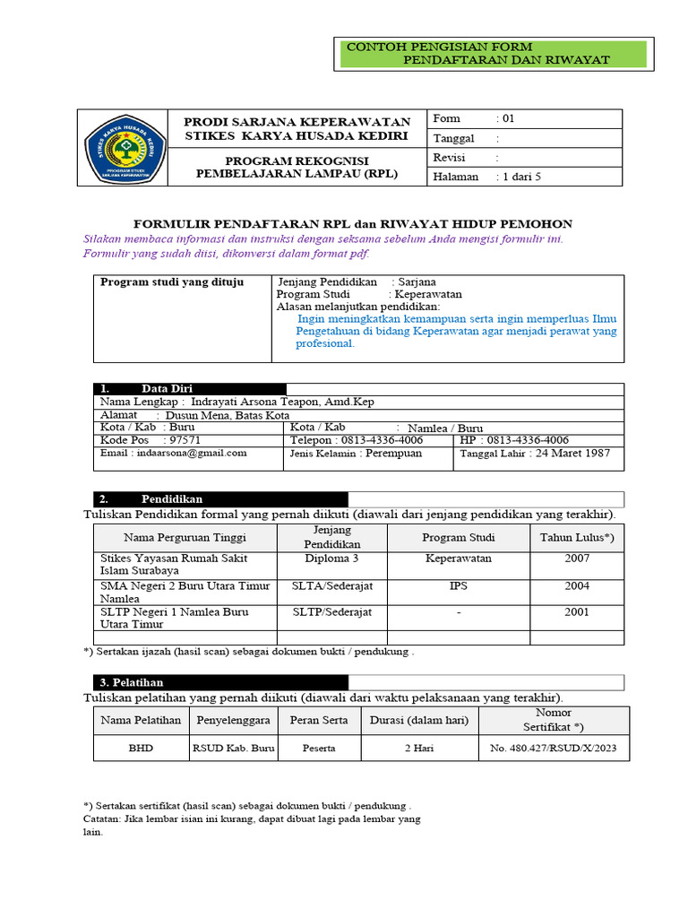 Contoh Isian - Pendaftaran RPL Dan Riwayat Hidup S1 Kep | PDF | Karier ...