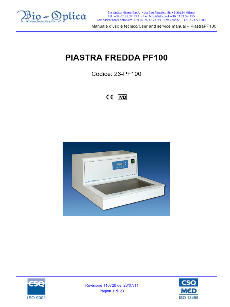 BIO OPTICA Piastra Fredda PF100 - Manuale | PDF