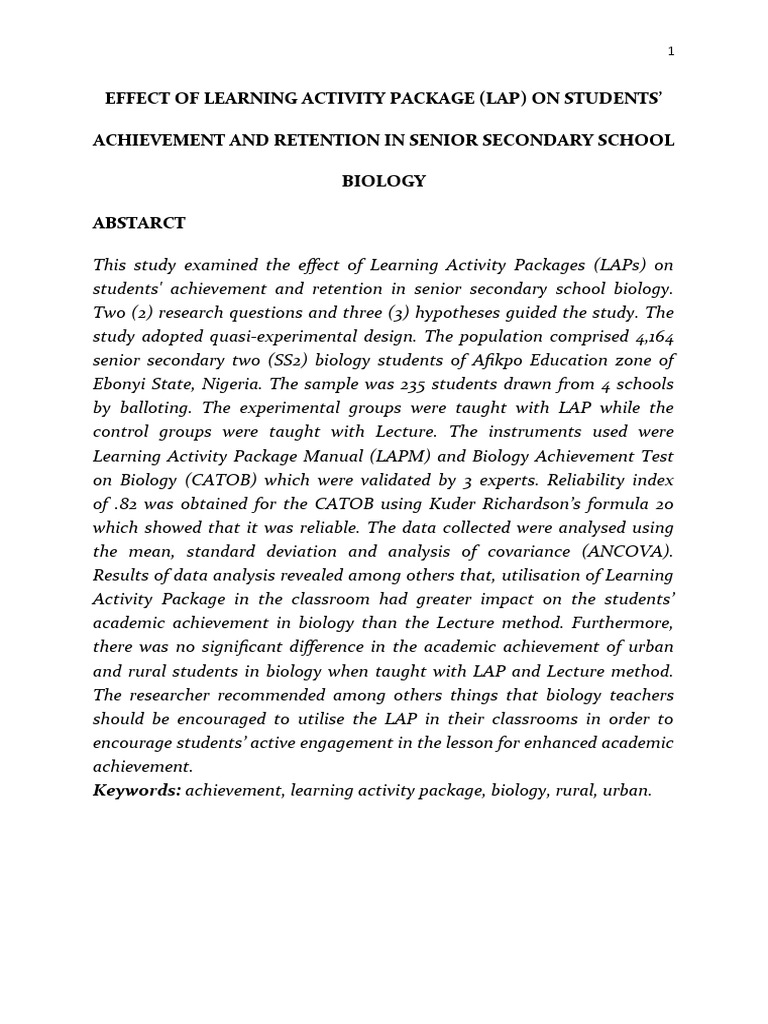 Effect of Learning Activity Package (Lap) On Students' Achievement and ...