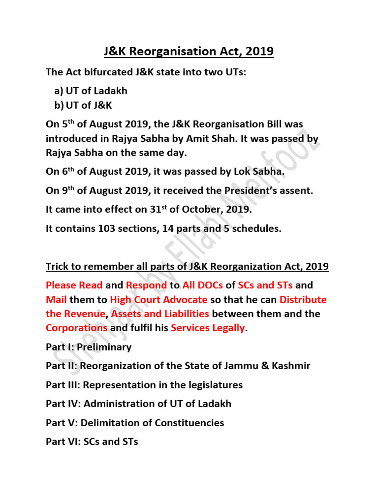 J&K Reorganisation Act 2019 Overview | PDF | Government | Governance