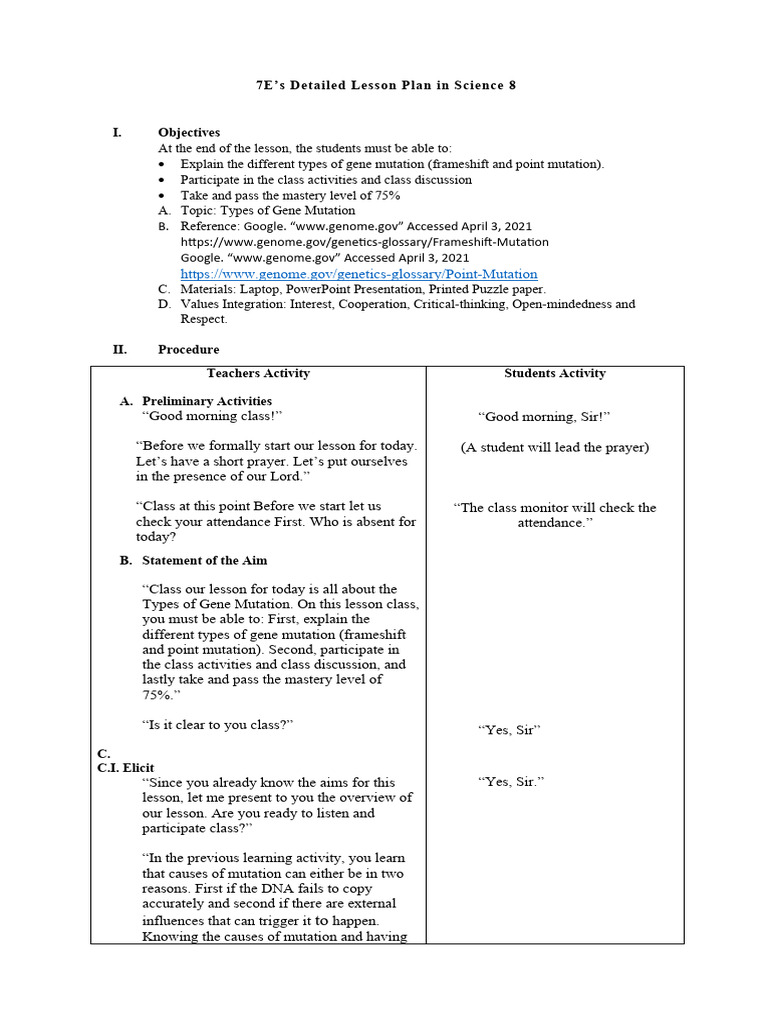 7e's Lesson-Plan Grade 10 - OJT 7 - Types of Gene Mutation | PDF ...