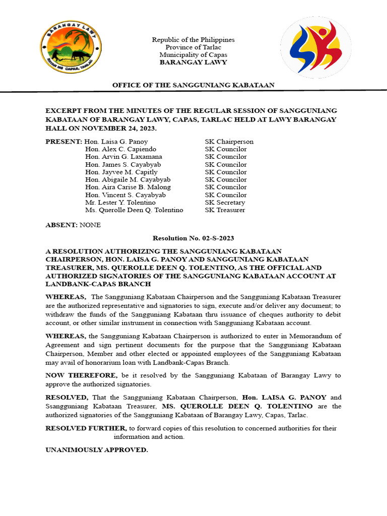 Resolution 2 SK Authorized Signatories | PDF | Youth | Youth Organizations