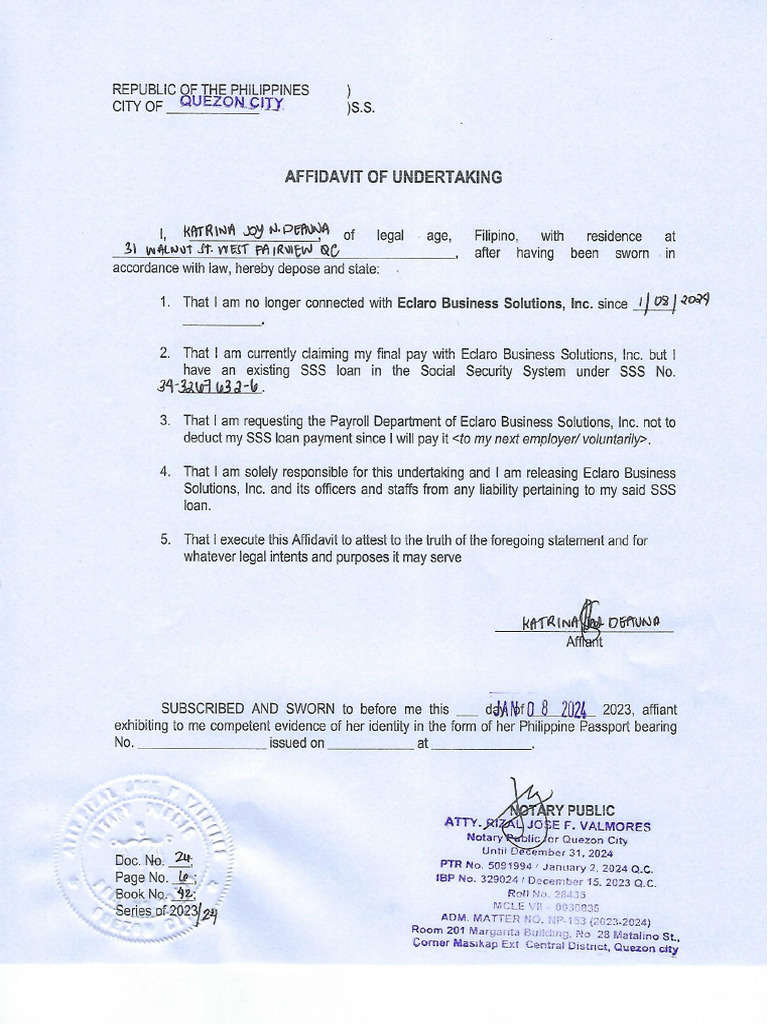 Affidavit of Undertaking | PDF