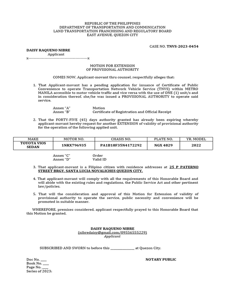 Motion For Extension LTFRB | PDF | Affidavit | Government