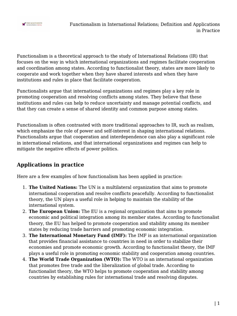 Functionalism in International Relations Definition and Applications in Practice | Download Free ...