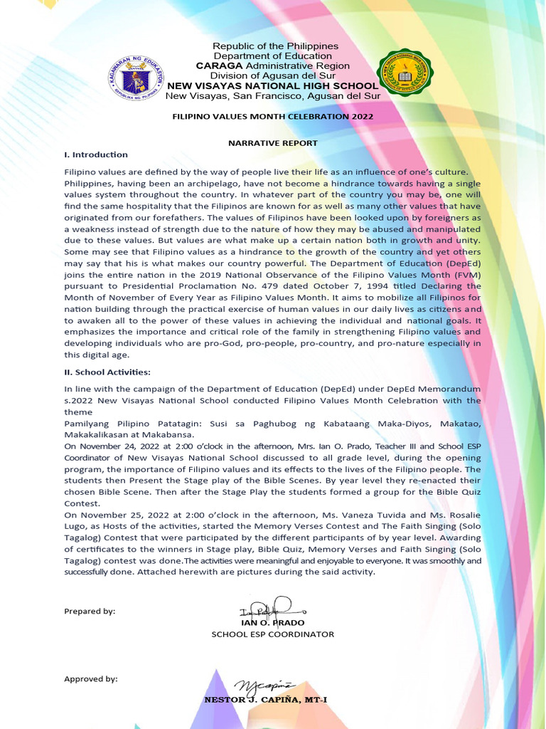 Values Month 2022 Narrative REport | Download Free PDF | Philippines