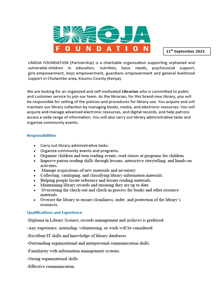 Librarian Job Advert | Download Free PDF | Libraries | Librarian