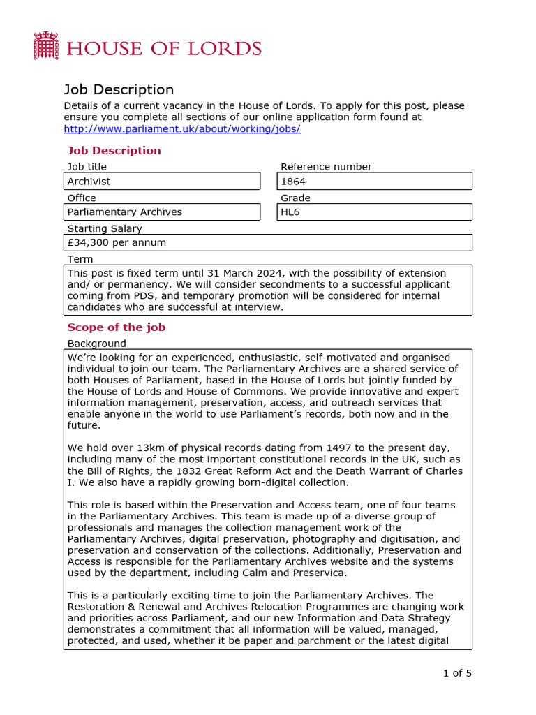 Archivist Role at House of Lords | PDF | Archive | House Of Commons Of ...