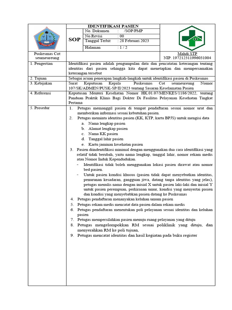 5.3.1.a.b. SOP IDENTIFIKASI PASIEN | PDF | Sains & Matematika