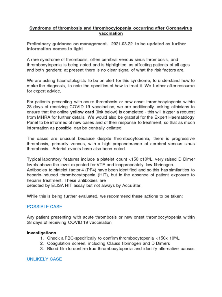 Guidance On Management of Thrombosis With Thrombocytopenia Occurring Aft... | PDF | Thrombosis ...