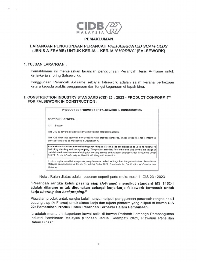 Pemakluman Larangan Scaffold A Frame Utk Kerja2 Falsework | PDF