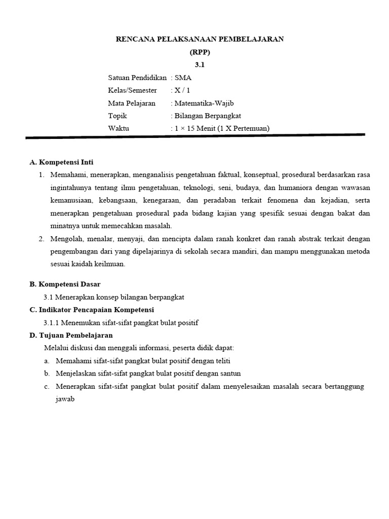 RPP 3.1 Bilangan Berpangkat, Bentuk Akar, Dan Logaritma | PDF