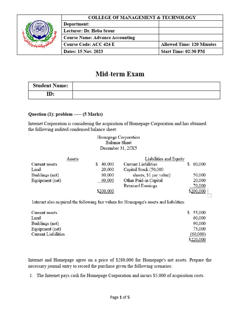 Advanced Accounting Mid-term Exam 2023 | PDF | Stocks | Fair Value