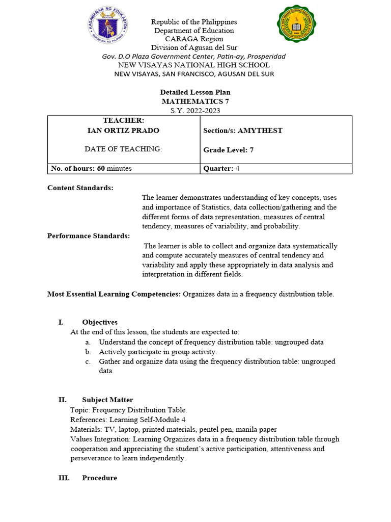 Frequency Distribution Lesson Plan | PDF | Learning | Statistics