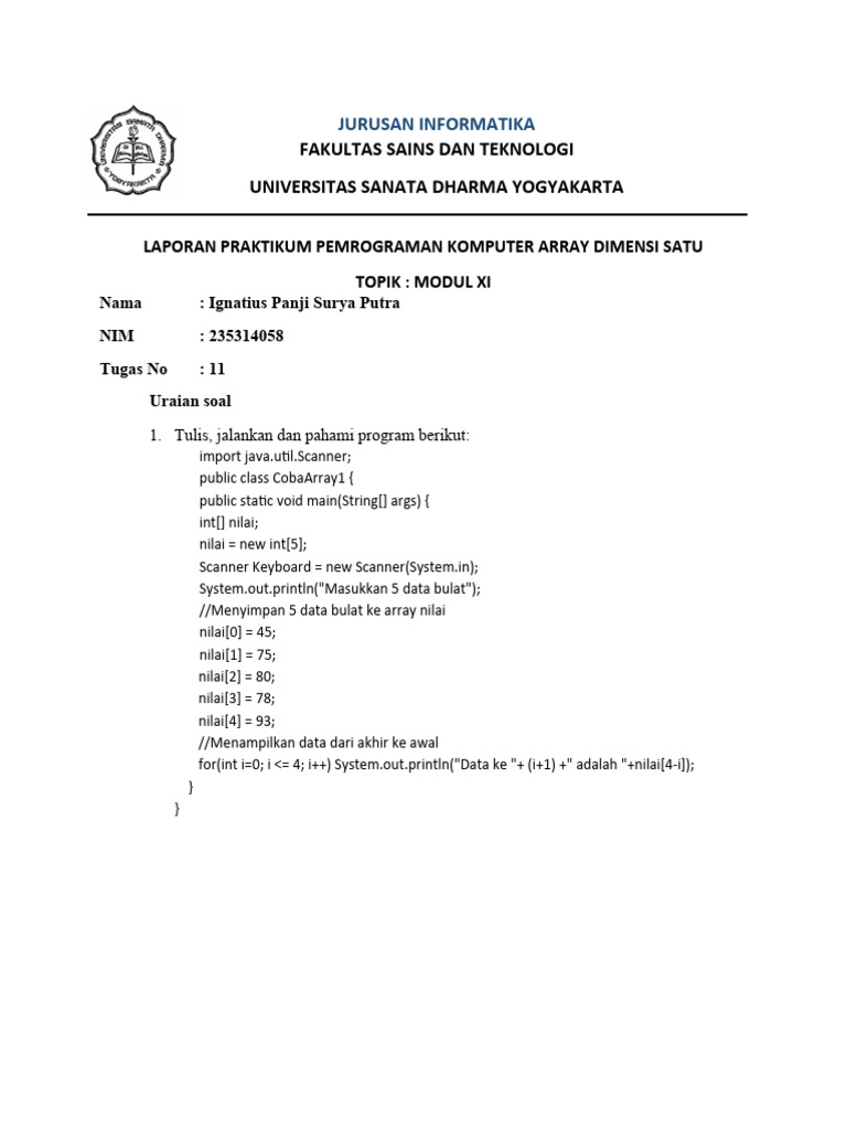 Ignatius Panji - Praktikum XI - Array | PDF | Metode & Bahan Ajar | Komputer