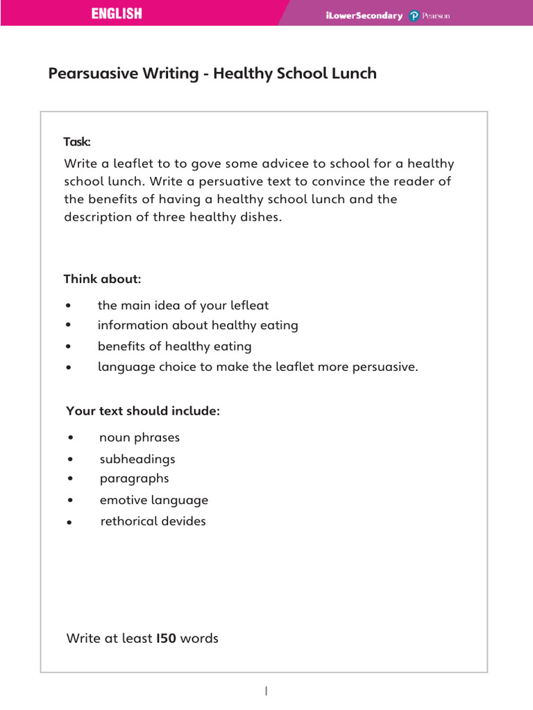 iLS Writing Persuasive Writing Practice Healthy School Lunch | PDF