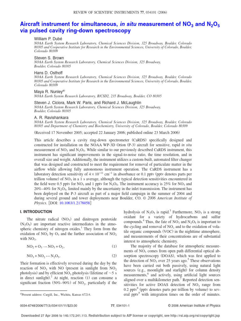Aircraft Instrument For Simultaneous, in Situ Measurement of NO3 and N2O5 Via Pulsed Cavity Ring ...