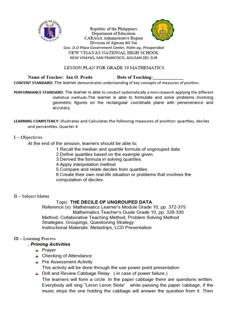 Grade 10 Decile of Ungrouped Data Lesson Plan | Download Free PDF ... Grade 10 Decile of Ungrouped Data Lesson Plan | Download Free PDF ...