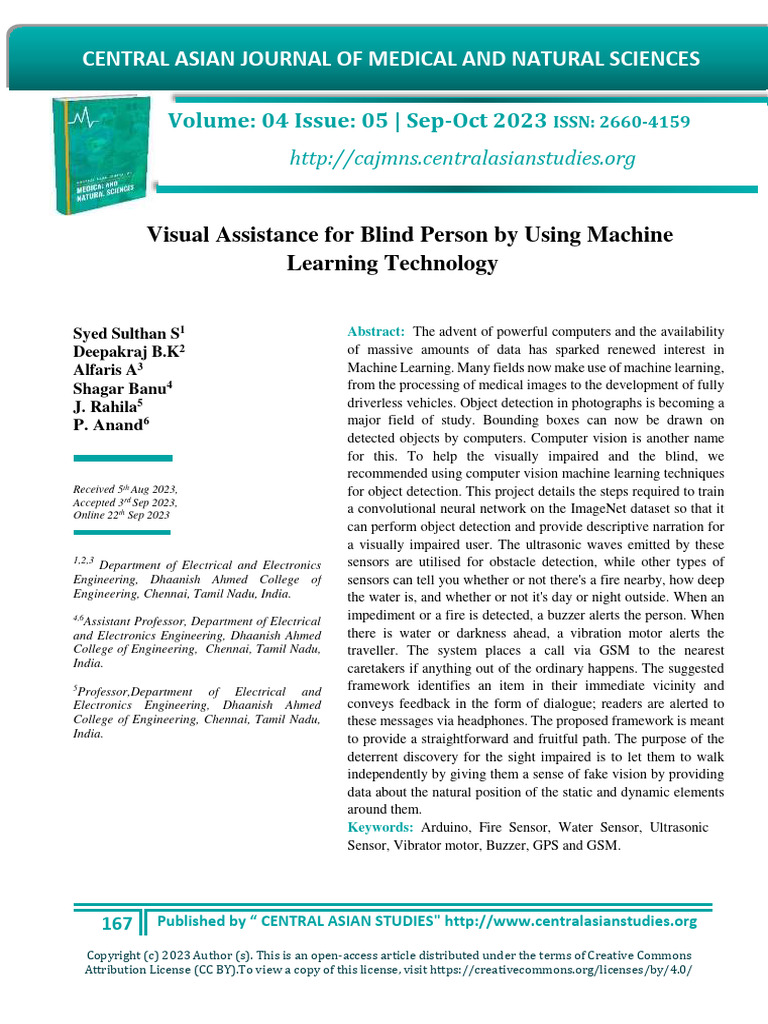 Visual Assistance For Blind Person By Using Machine Learning Technology