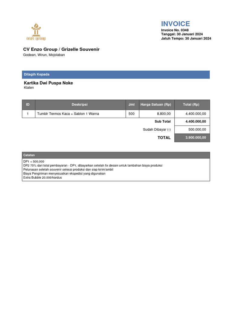 CV Enzo Group Grizelle Souvenir Invoice 0348 | PDF