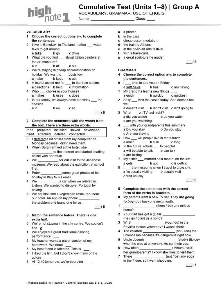Cumulative Test for English Units 1-8 | PDF