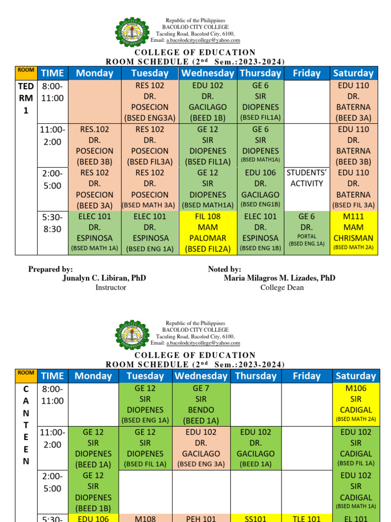 ROOM SCHEDULE 2ND sEM 2023 2024 POSTING | PDF