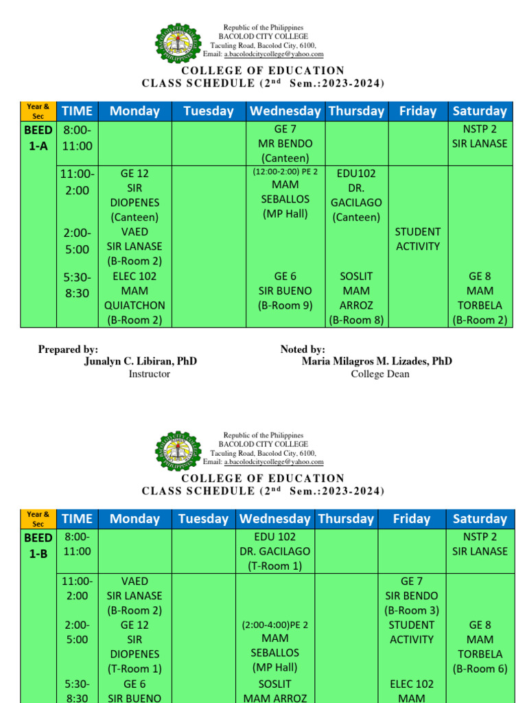CLASS SCHEDULE 2ND sEM 2023 2024 Posting | PDF